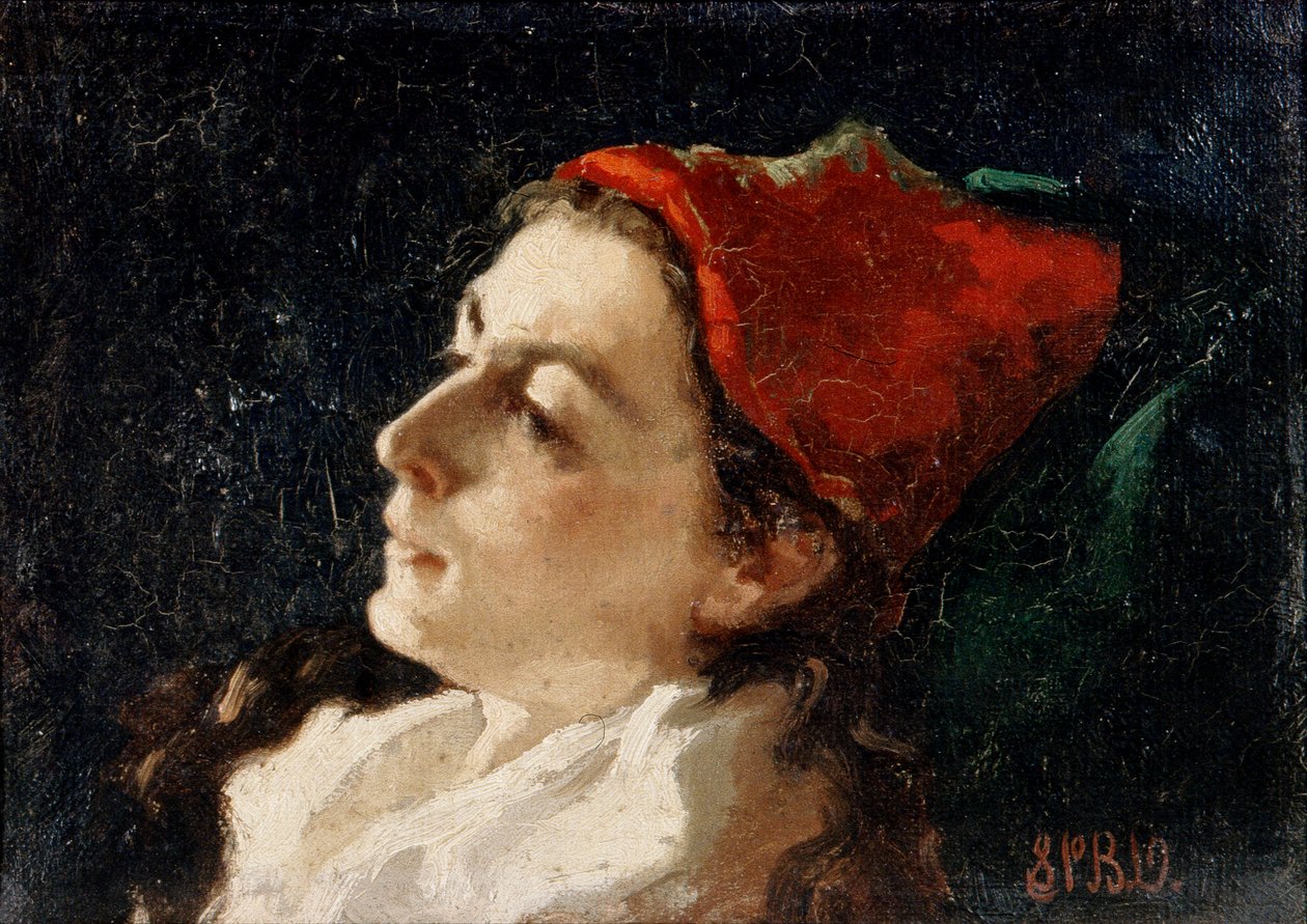 Cabeza de mujer con gorro rojo (óleo sobre lienzo)