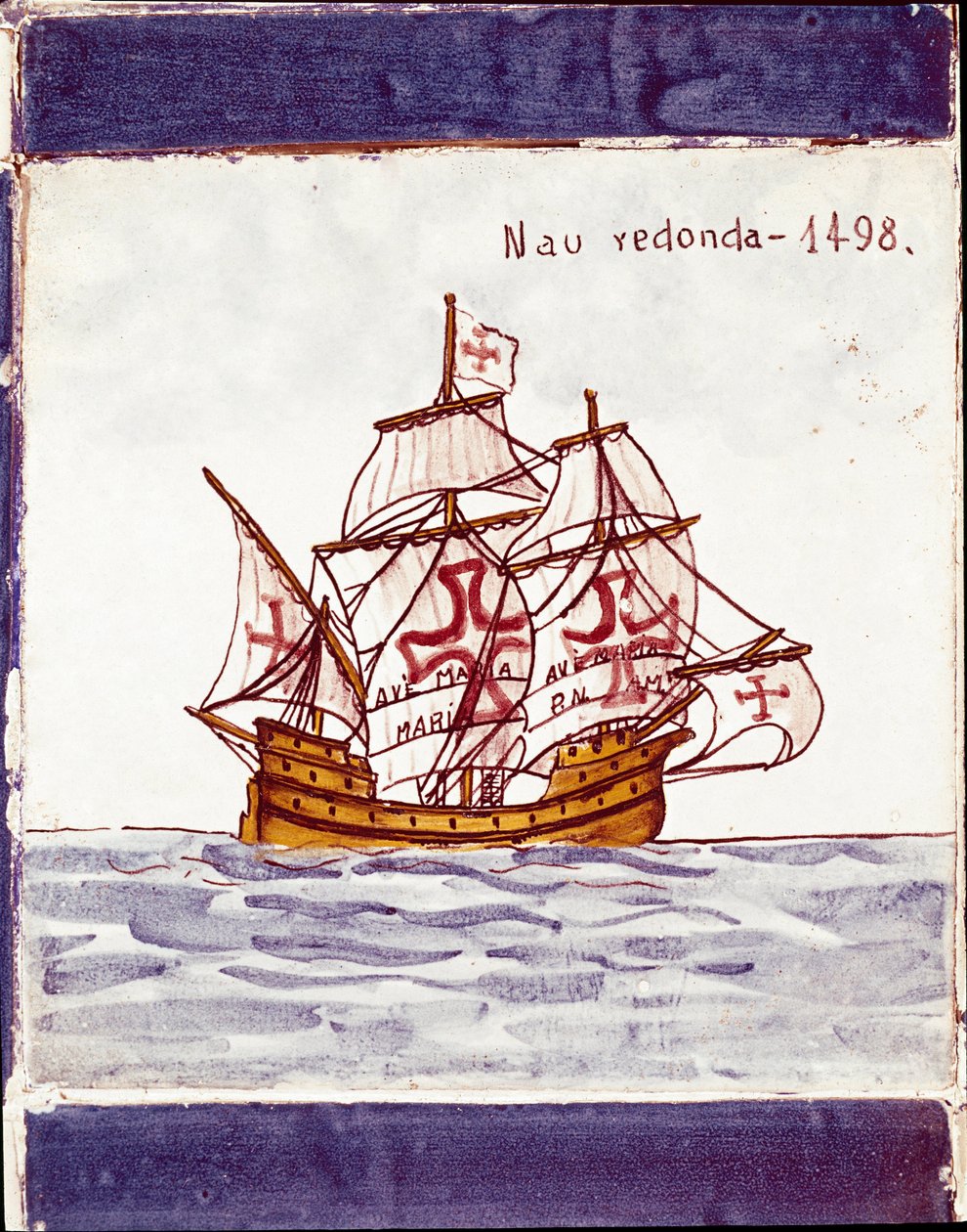 Representación de una carraca de la flota portuguesa (dibujo en cerámica)