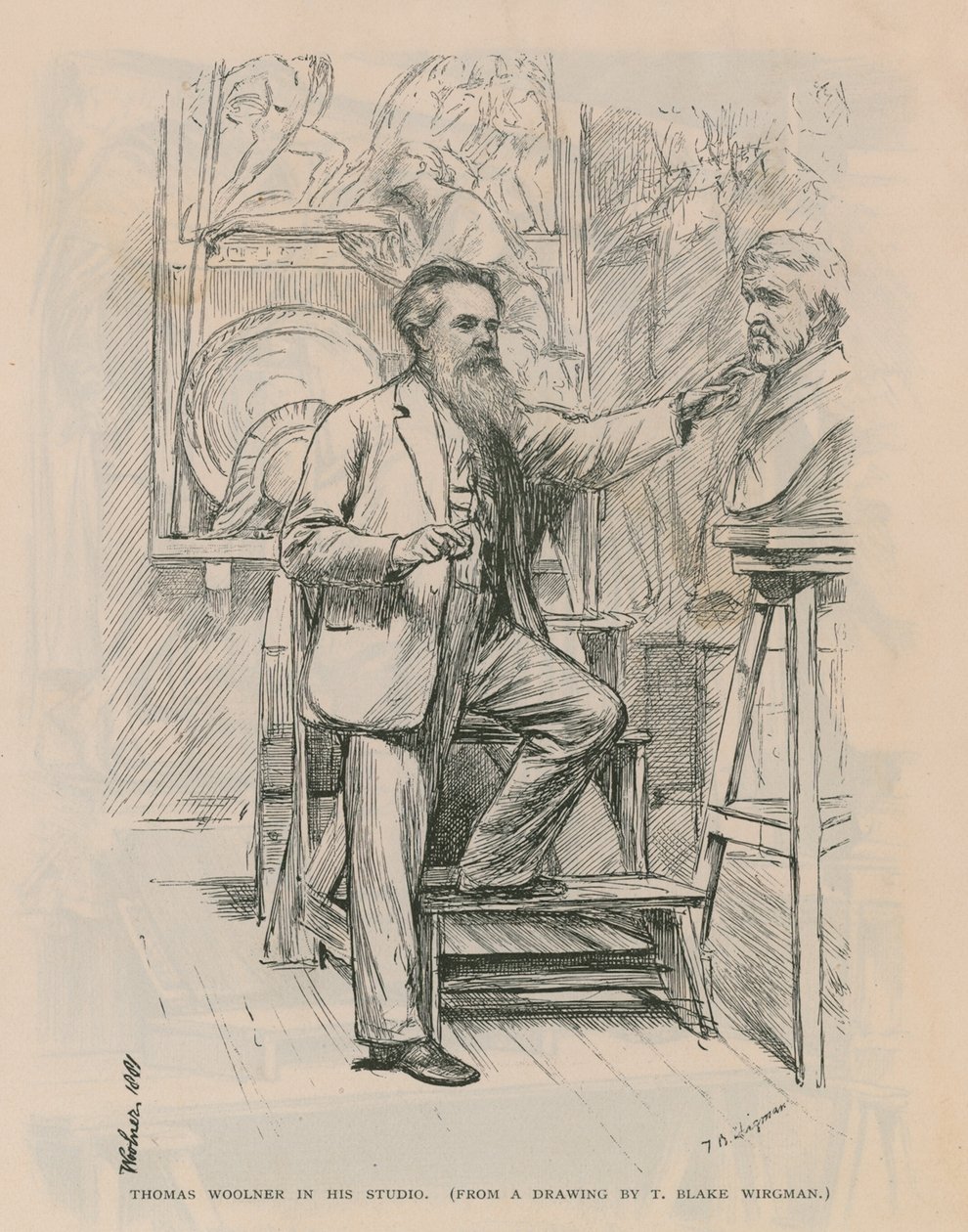 Escultor Thomas Woolner en el trabajo en su estudio