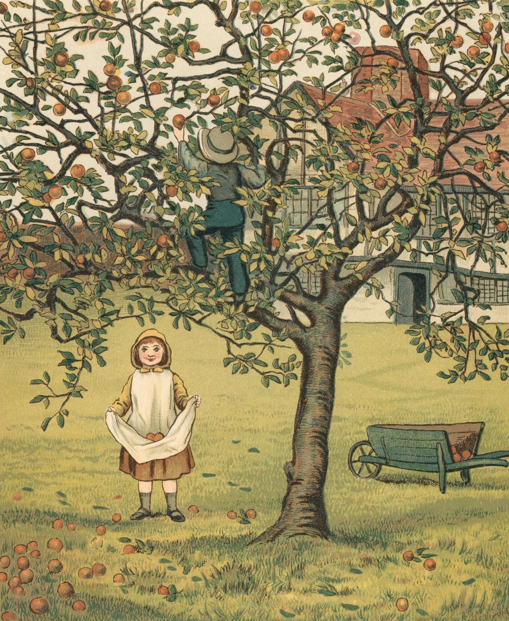 Vida hogareña: niños recogiendo manzanas en el huerto