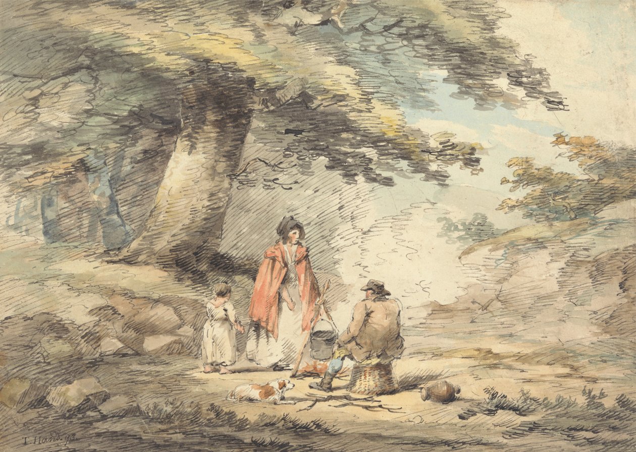 Paisaje arbolado con figuras alrededor de una olla