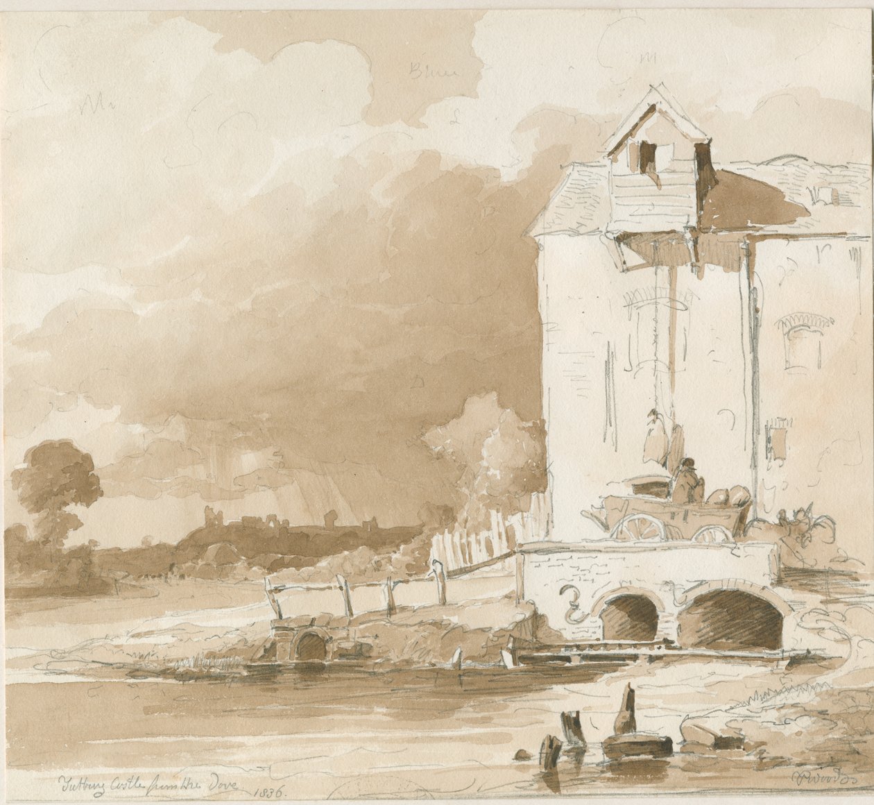 Castillo de Tutbury: Vista distante desde el río Dove: dibujo a lápiz y ...