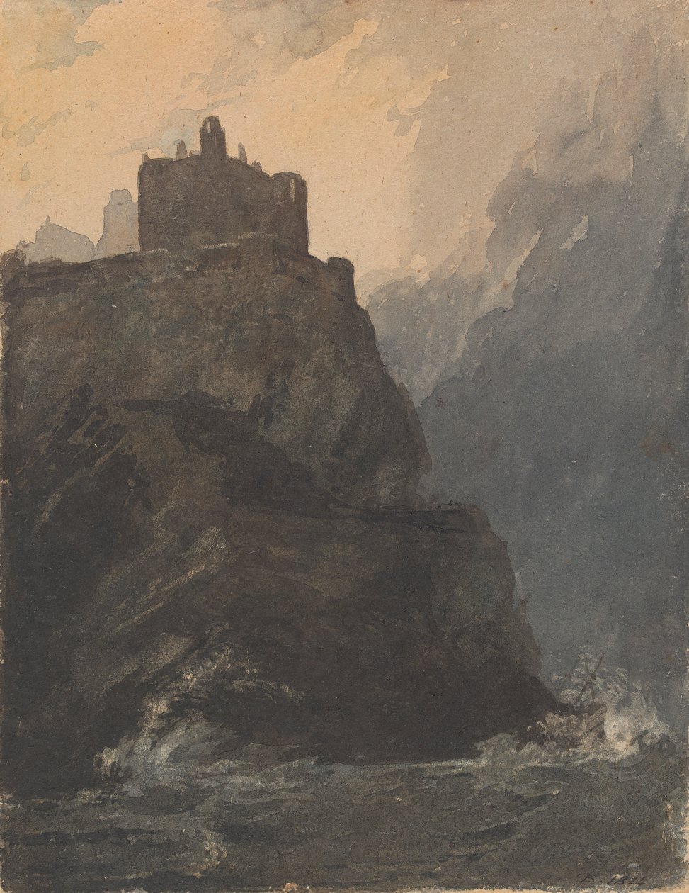Castillo sobre un acantilado, con mar tempestuoso y naufragio al pie ...