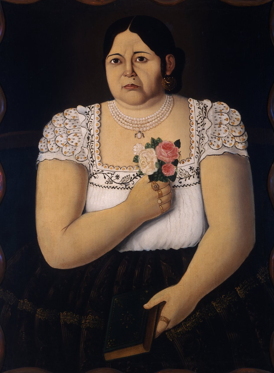 Retrato de una mujer nativa de Puebla con un ramo de rosas