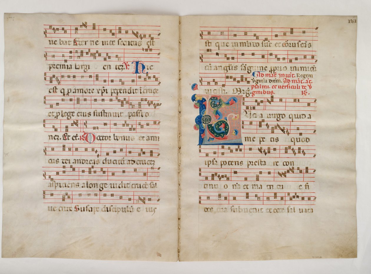 Bifolio con inicial L, de un antifonario, italiano, siglo XIV
