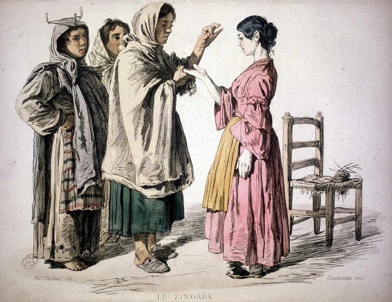 Gitana leyendo la mano - en "Costumbres del Reino de Nápoles", De Bourcard