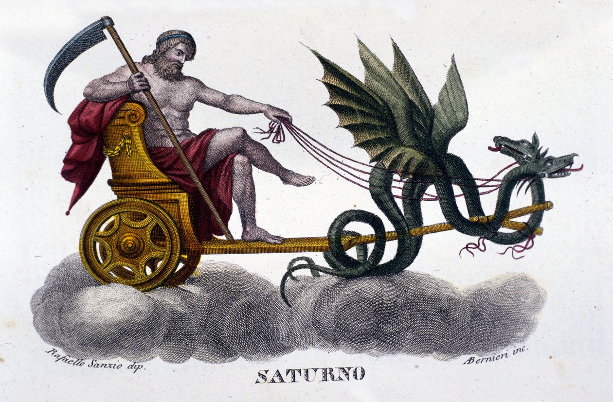 El dios Saturno (o Cronos) en un carro tirado por dos dragones. De una ilustración de Raffaello ...