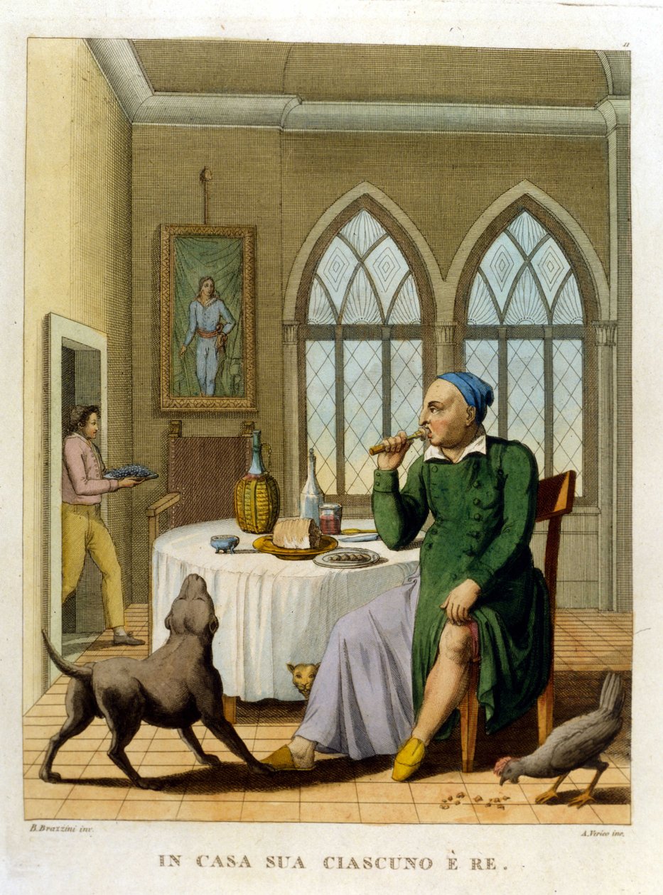 “En casa, todos son reyes.” Ilustración de una colección de proverbios ...