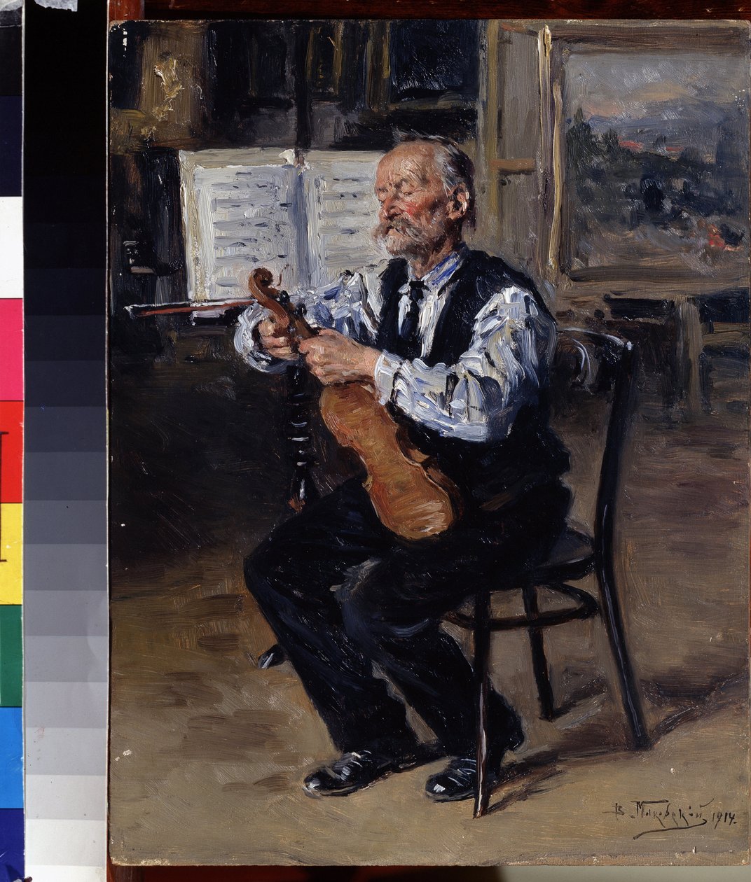 Lutier (luthier). El artesano afina un violín. Pintura de Vladimir ...