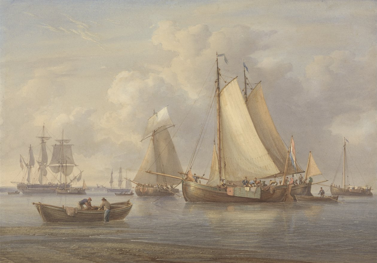 Barcos de pesca holandeses anclados en un estuario, c.1850-60