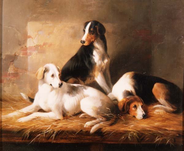 Tres perros en un establo | William Barraud