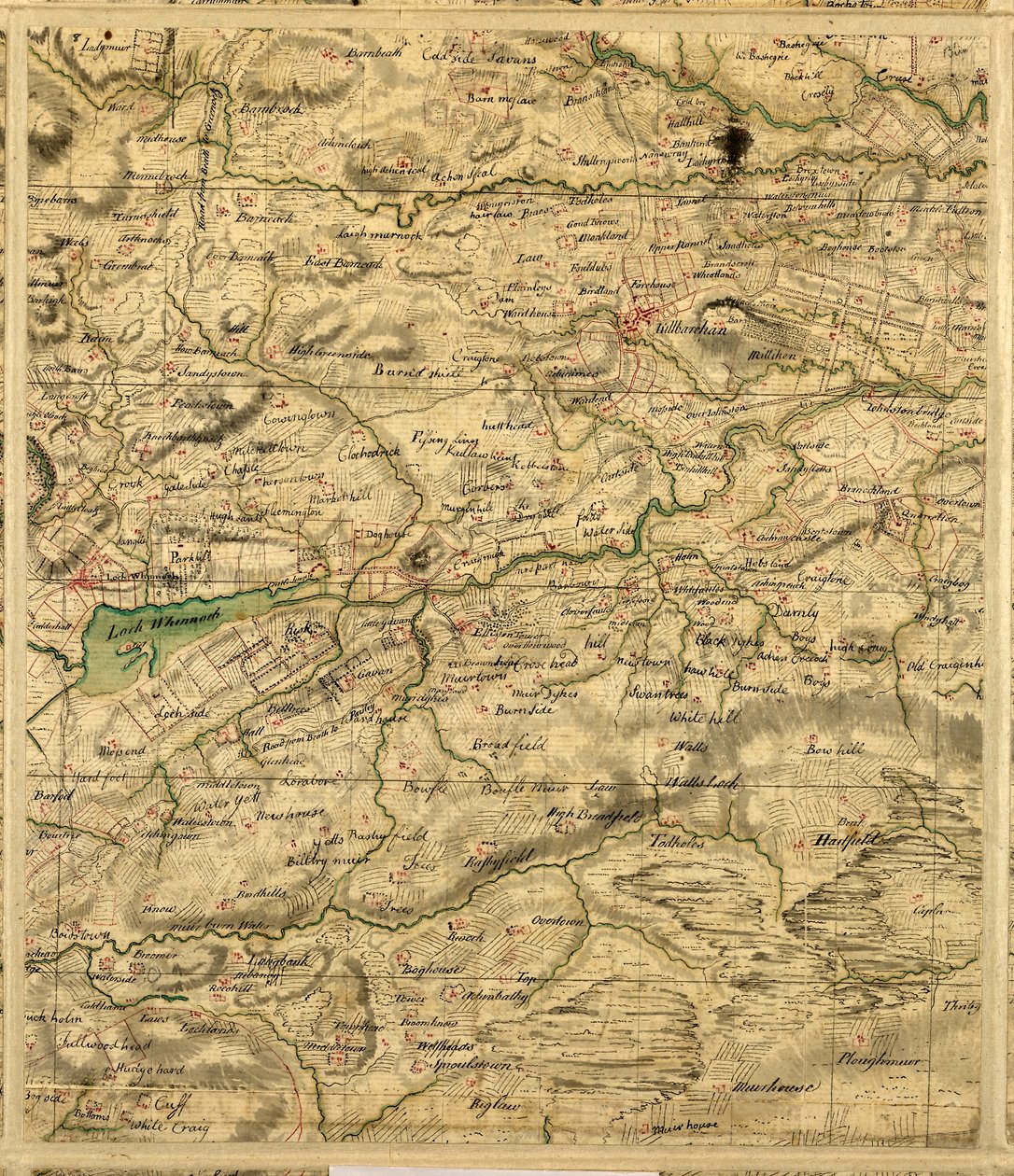 Mapa de Roy de las tierras bajas de Escocia, que contiene Loch Whinnoch