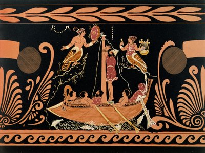 Ulises y las sirenas, ilustración de un jarrón griego antiguo