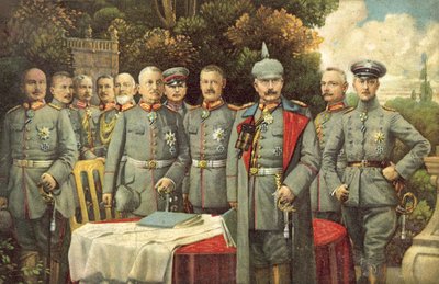 El Kaiser Guillermo II de Alemania y sus generales (litografía en color)
