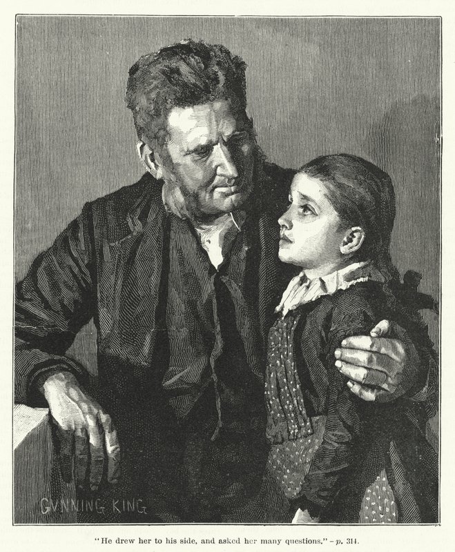 "La atrajo a su lado y le hizo muchas preguntas" (grabado)