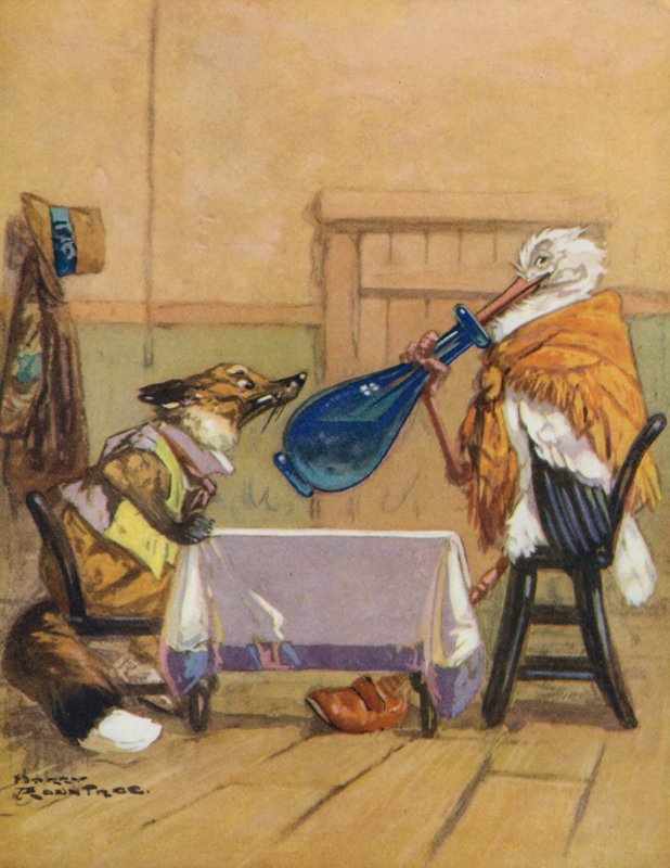 Fábulas de Esopo: La zorra y la cigüeña (litografía en color)