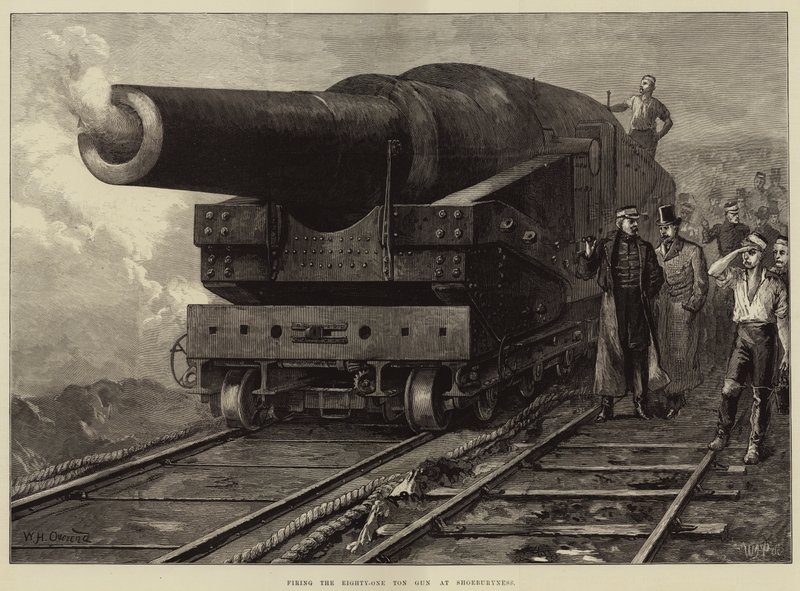 Disparando el cañón de ochenta y una toneladas en Shoeburyness